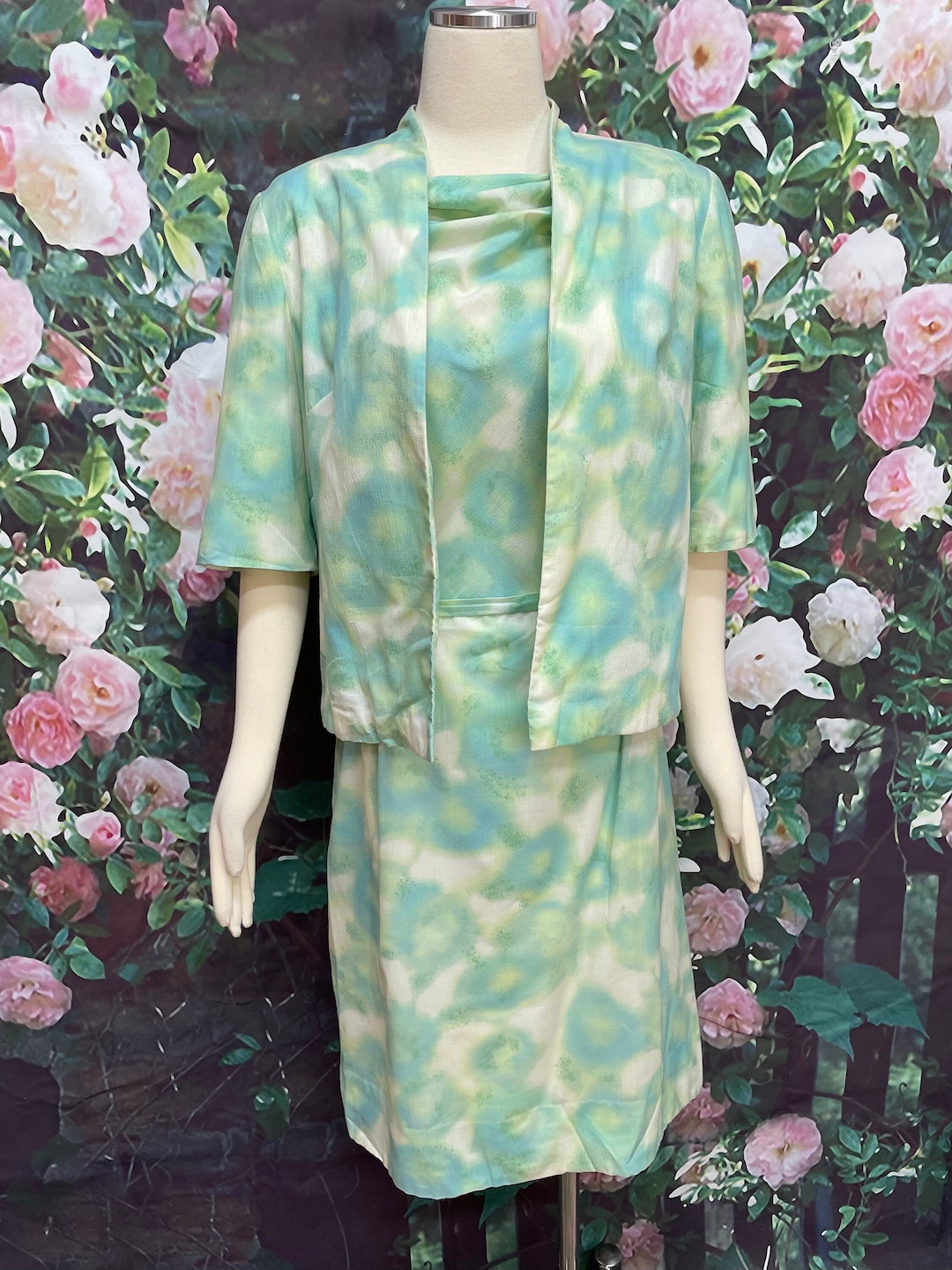 60s Green Watercolor Floral Dress Matching Jacket - Etsy