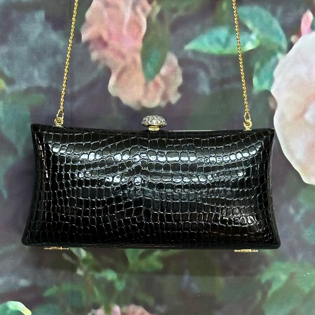90s Black Embossed Rhinestone Clasp Box Purse - Etsy