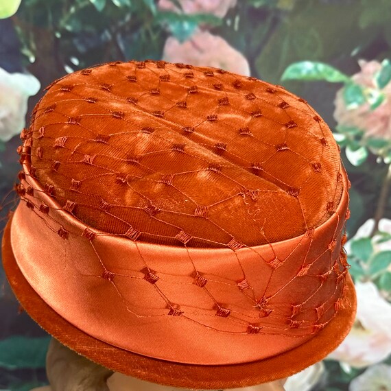 60s Orange Velvet Hat Netted Satin Ribbon - Gem