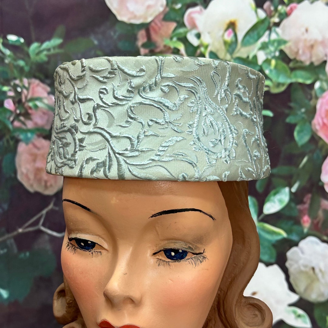60s Blue Satin Brocade Pillbox Hat - Etsy