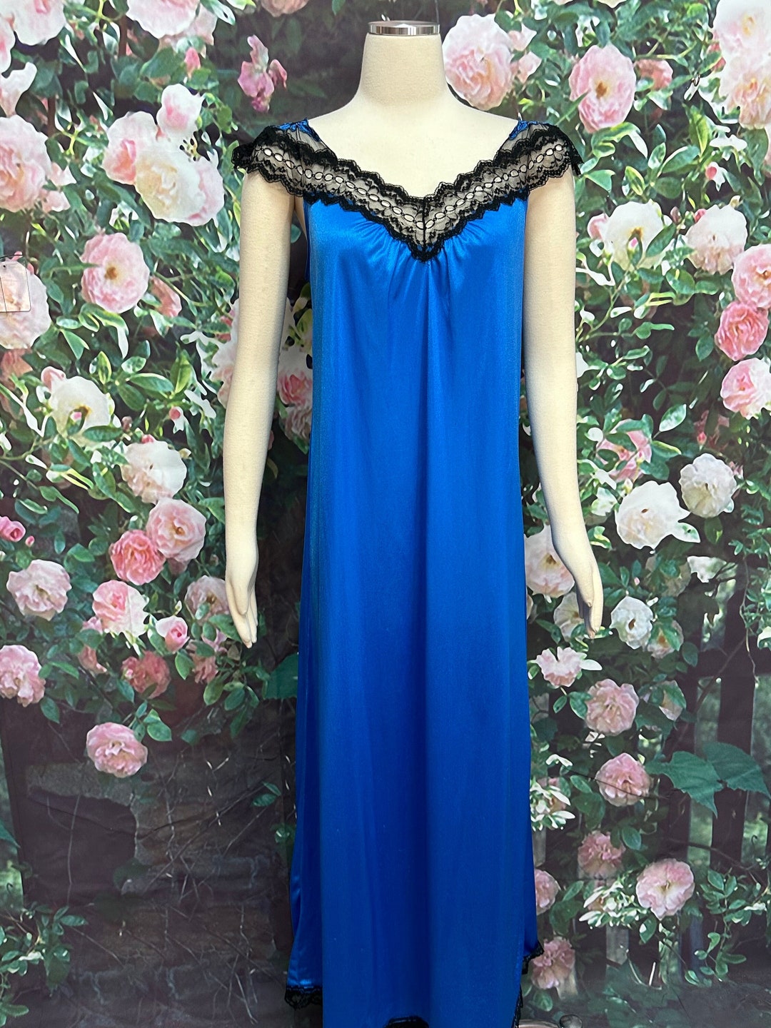 80s Gotham Blue Long Nightgown Black Lace - Etsy