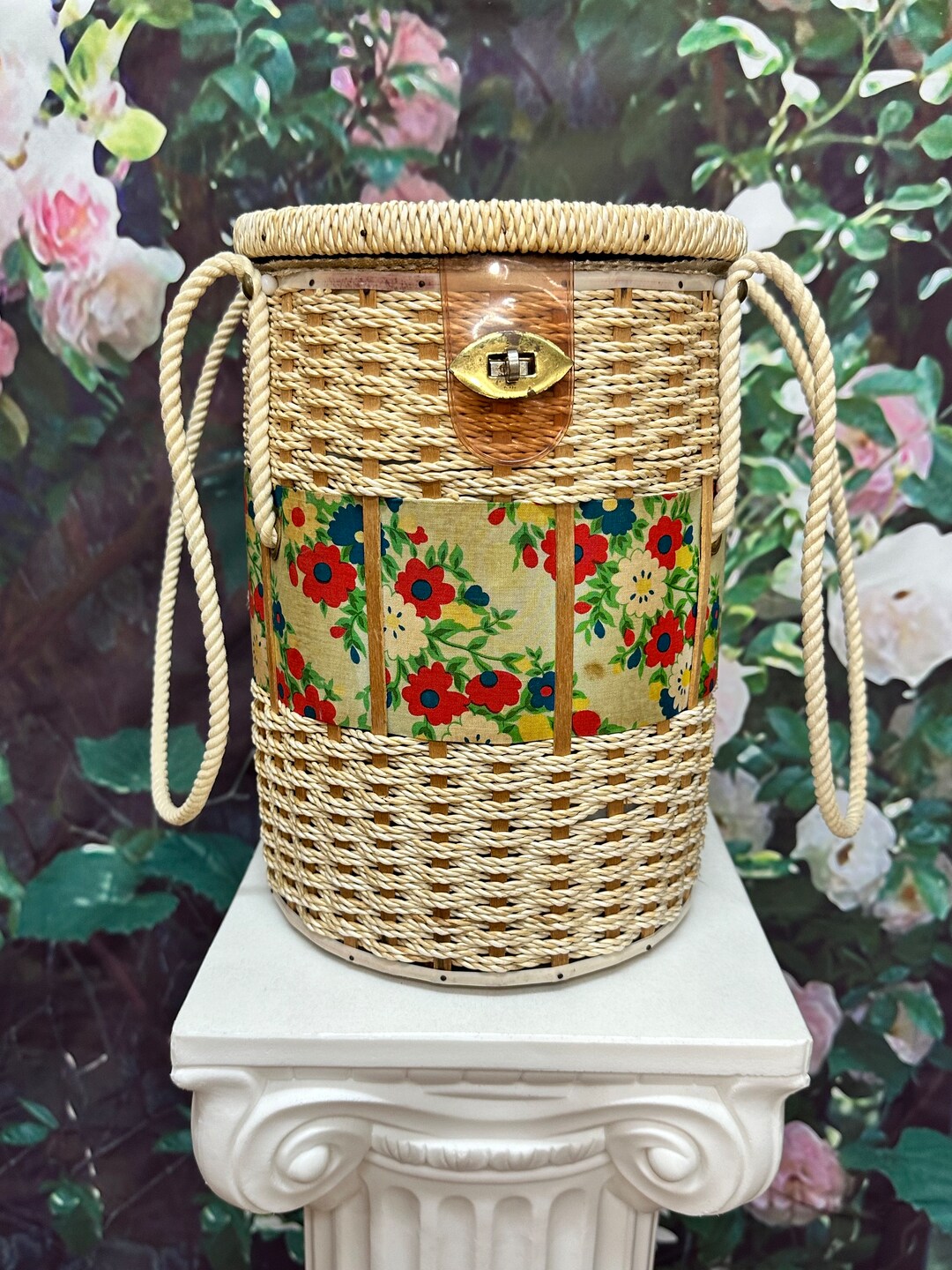 Vintage Round Tall Sewing Basket Daisies - Etsy