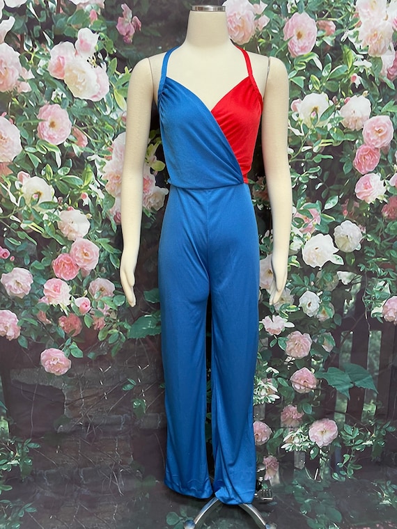 70s Fredericks of Hollywood Blue Halter Jumpsuit Red … - Gem