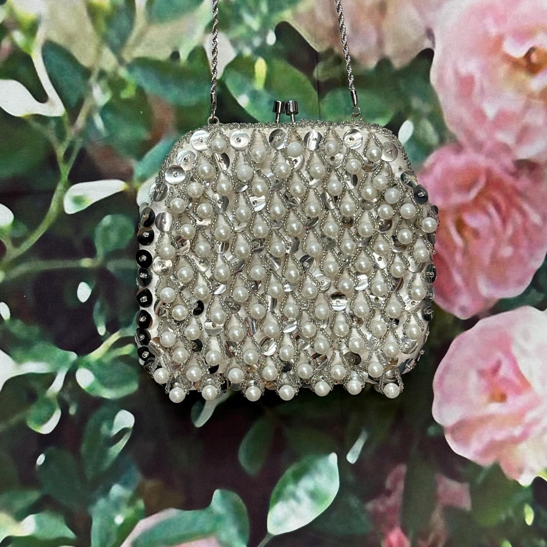 60s White Pearl Dangle Evening Purse Beaded Sequin Handbag Bridal - Etsy