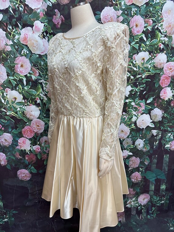 80s Filigree Ivory Satin Lace Sequin Party Dress - Gem