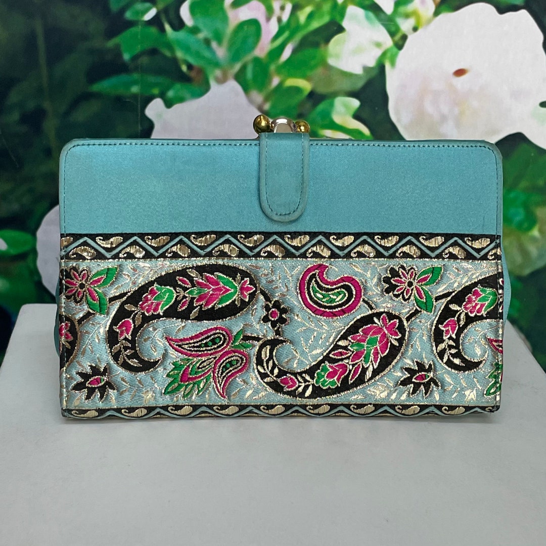 60s Koret Aqua Blue Satin Wallet Metallic Paisley - Etsy