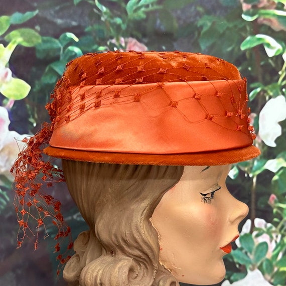 60s Orange Velvet Hat Netted Satin Ribbon - Gem