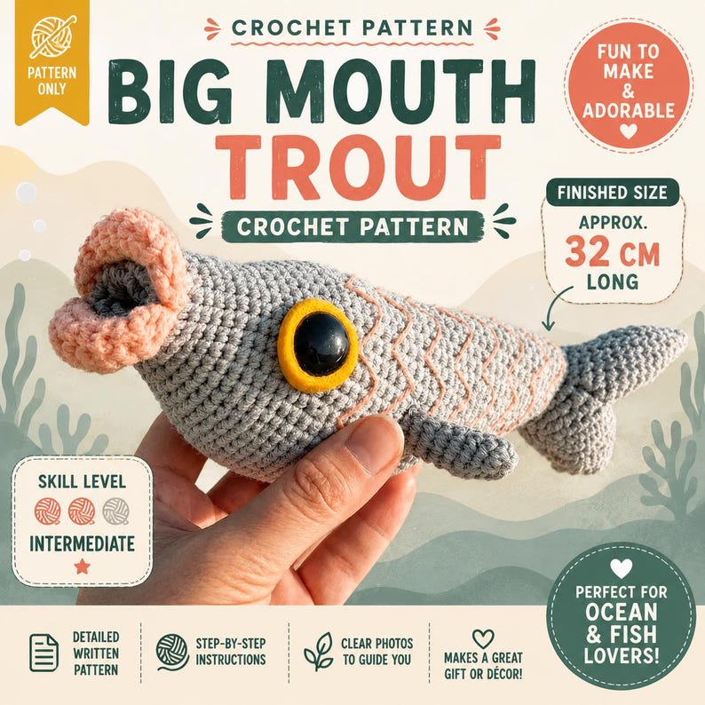 Big Mouth Trout Crochet Pattern PDF, Fish Amigurumi Pattern, Realistic ...