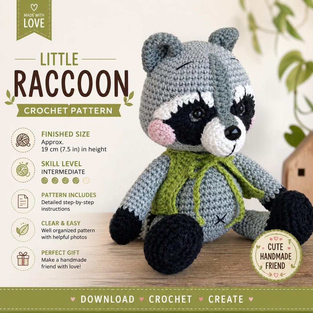 Little Raccoon Crochet Pattern PDF, Amigurumi Raccoon Pattern, Woodland ...
