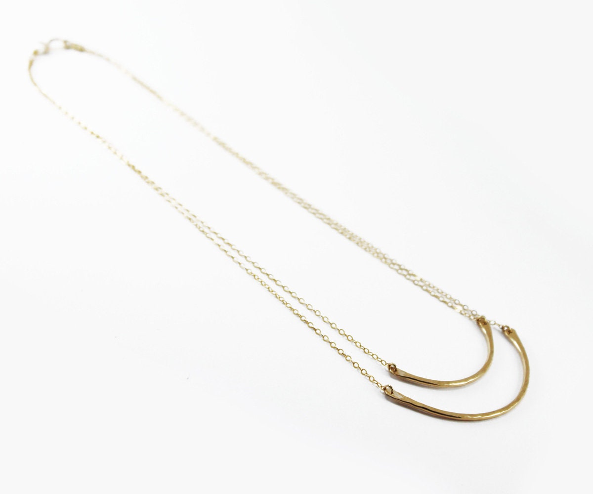 Curved Bar Necklace, Double Strand Necklace, Two Tier Gold Necklace ...