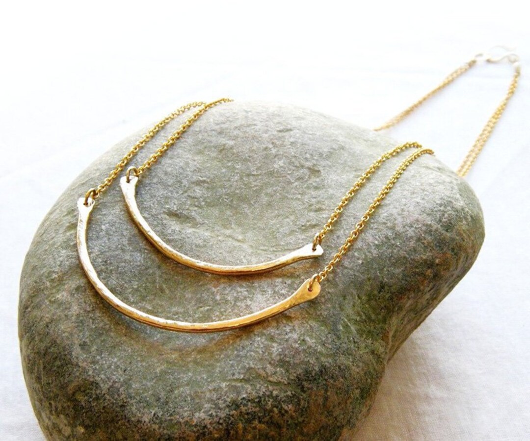 Curved Bar Necklace, Double Strand Necklace, Two Tier Gold Necklace ...