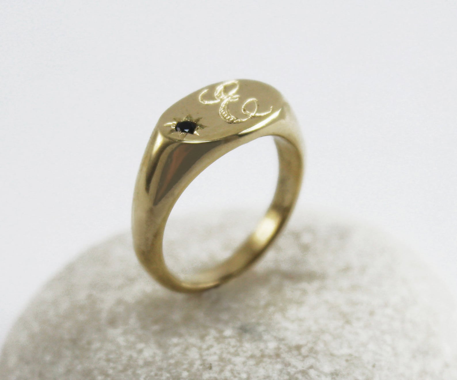 Gold Signet Ring With Diamond Engraved Ring Initial Ring Oval | Etsy