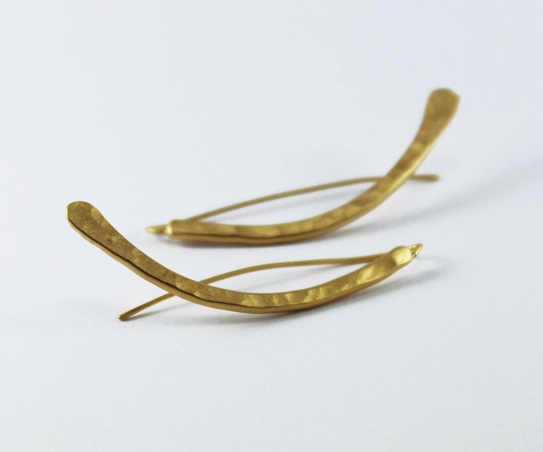 Curved Bar Earrings , Gold Stick Earrings , Hammered Gold Earring , Arc ...