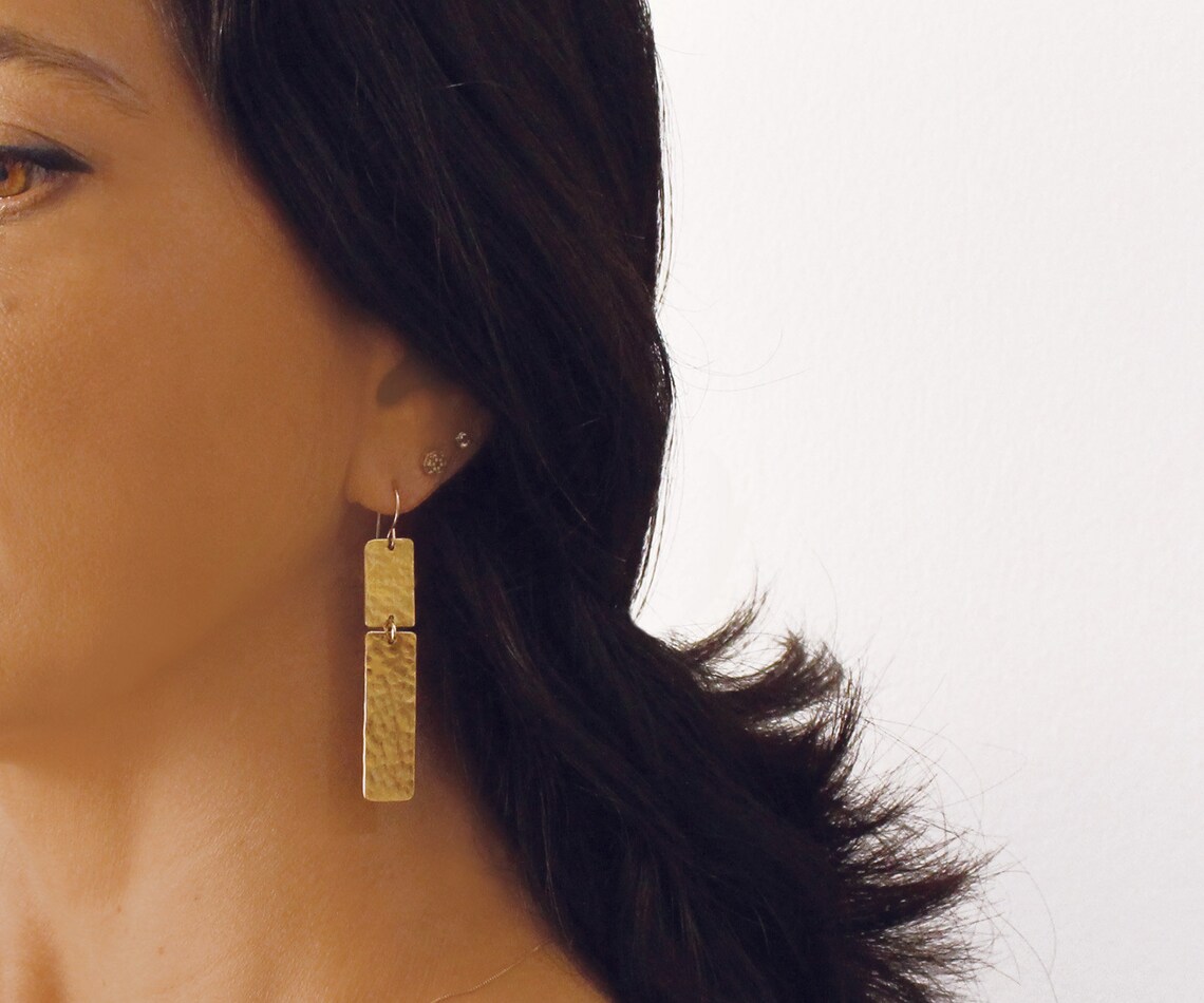 Rectangle Earrings Hammered Gold Long Earrings Rectangular - Etsy