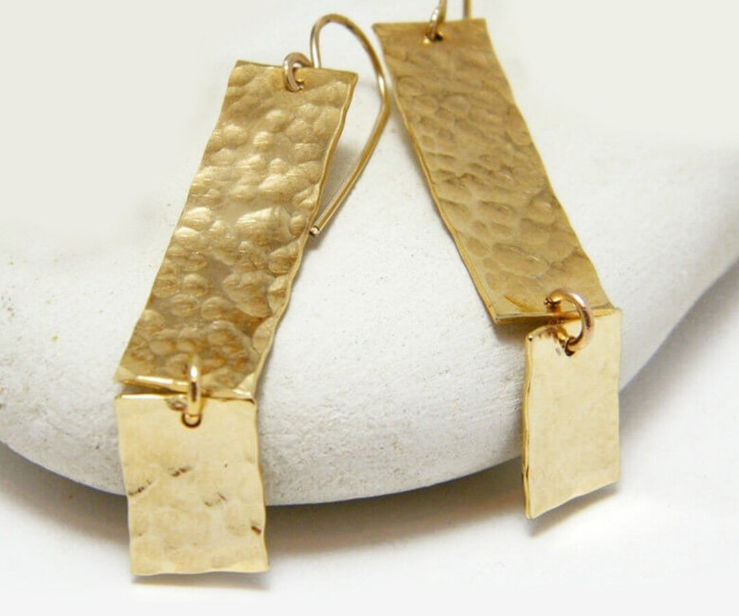 Rectangle Earrings Hammered Gold Long Earrings Rectangular Earrings - Etsy