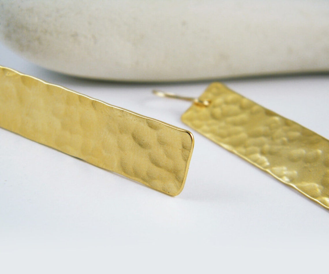 Hammered Rectangle Earrings Gold Bar Earrings Long Rectangular | Etsy
