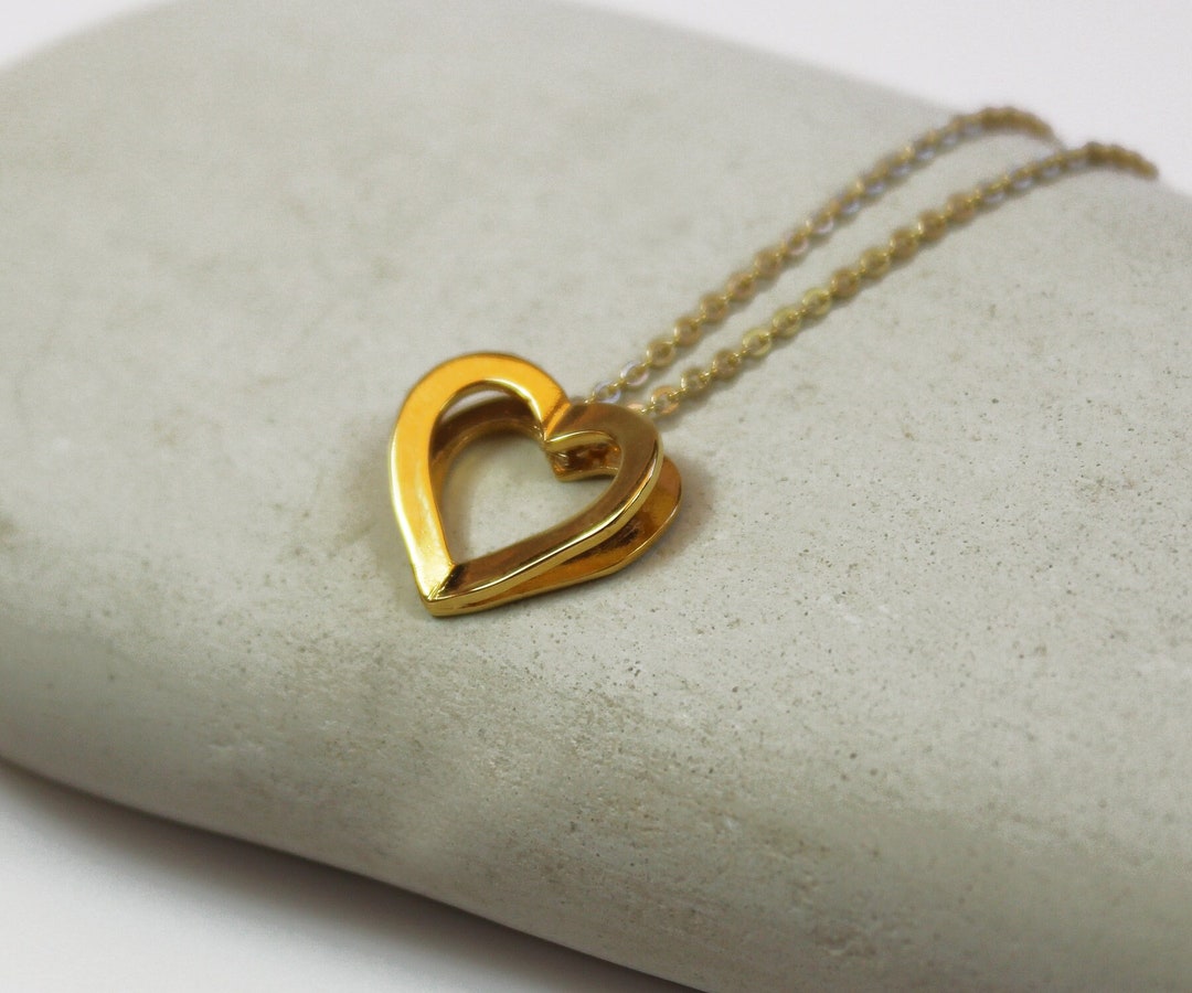 Gold Heart Pendant Small Gold Heart Necklace Two Heart Necklace ...