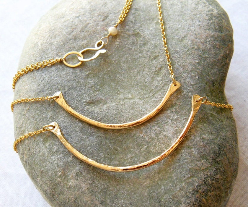 Curved Bar Necklace, Double Strand Necklace, Two Tier Gold Necklace ...