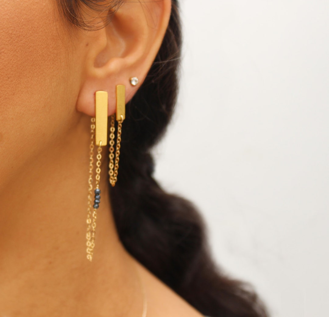 Long Stud Earrings Gold Bar Earrings Black Spinel Earrings Chain Stud ...