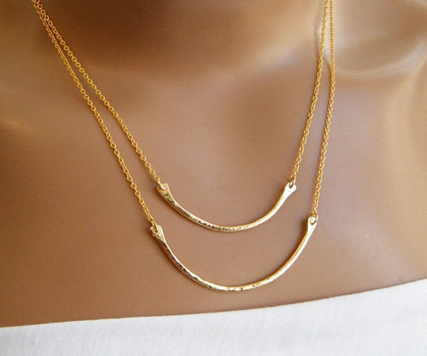 Curved Bar Necklace, Double Strand Necklace, Two Tier Gold Necklace ...