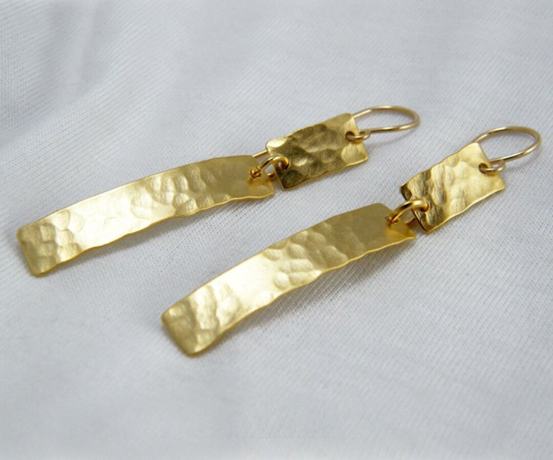 Rectangle Earrings Hammered Gold Bar Earrings Gold Long Earrings - Etsy