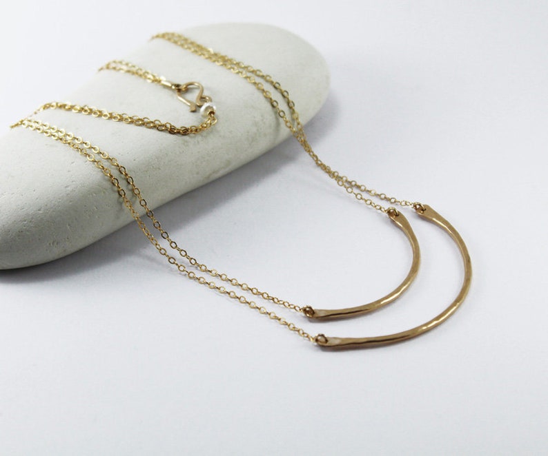 Curved Bar Necklace, Double Strand Necklace, Two Tier Gold Necklace ...
