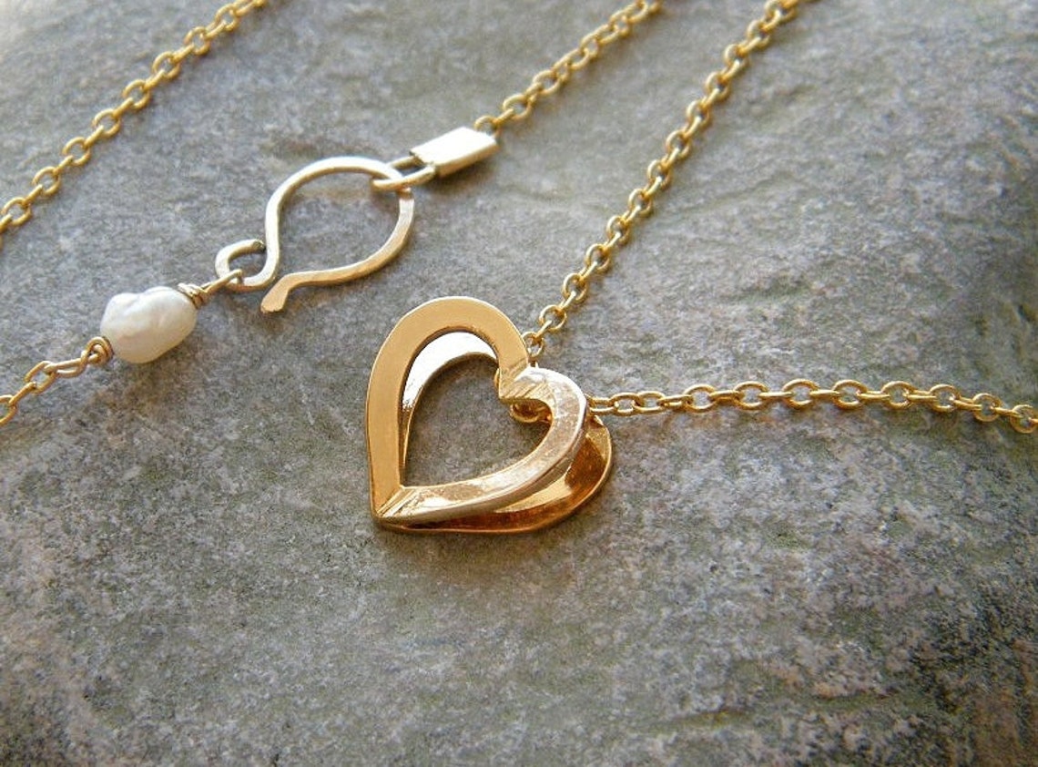 Gold Heart Pendant Small Gold Heart Necklace Two Heart | Etsy