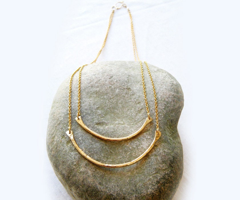 Curved Bar Necklace, Double Strand Necklace, Two Tier Gold Necklace ...