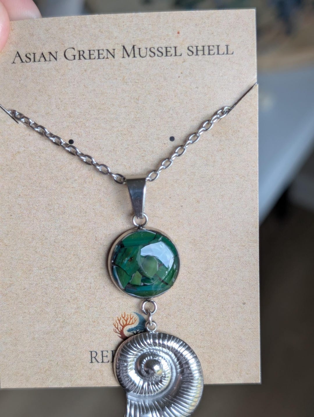 Asian Green Mussel Shell 16mm Bezel Stainless Steel Pendant With Snail ...