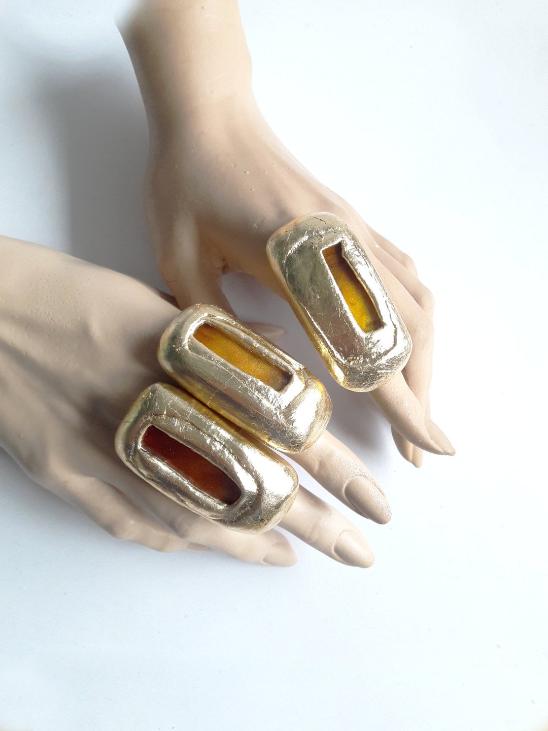 Brown Ring, Long Gold Ring, Big Modernist, Rough Contemporary, Artisan ...