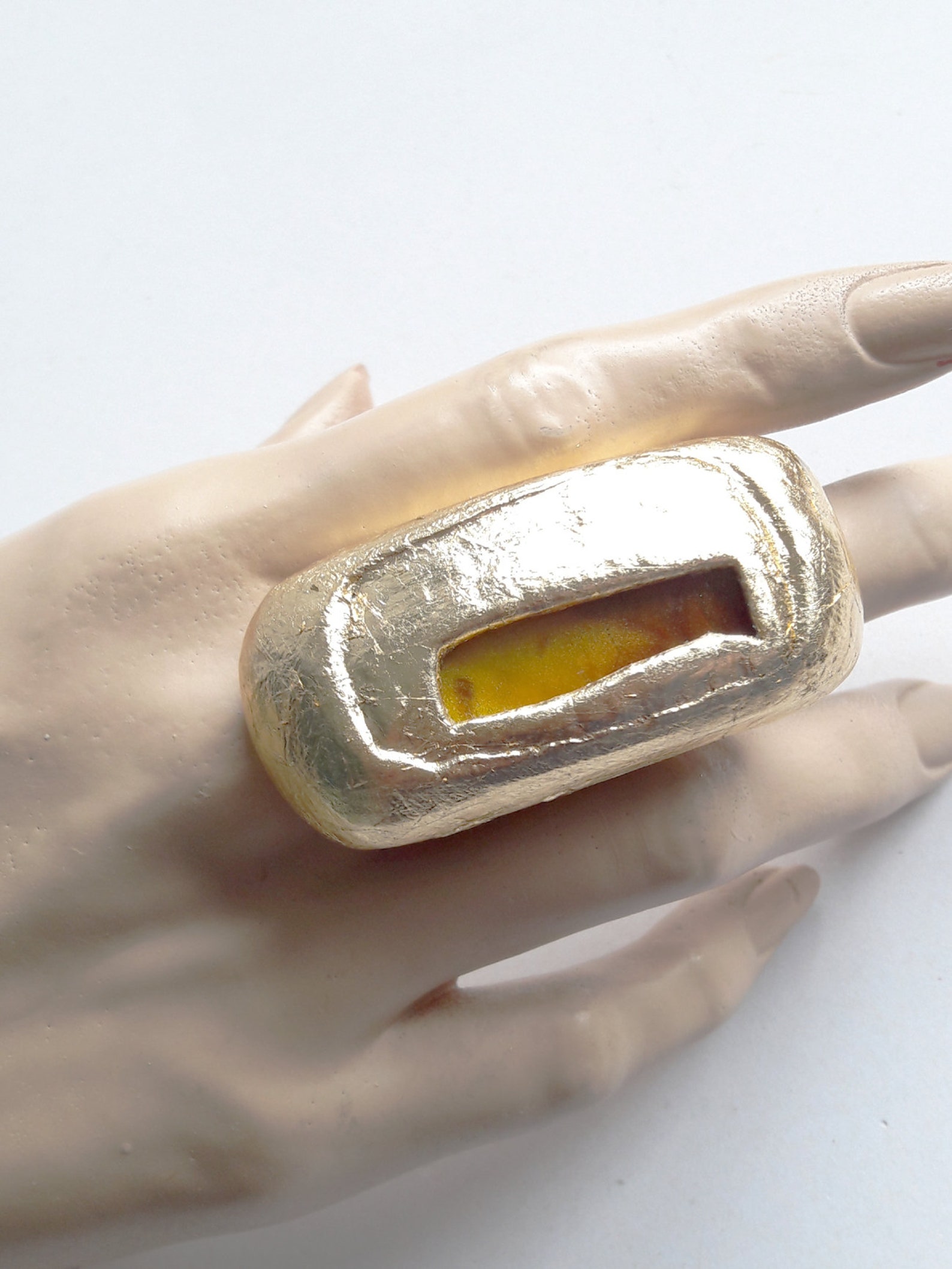 Brown Ring, Long Gold Ring, Big Modernist, Rough Contemporary, Artisan ...