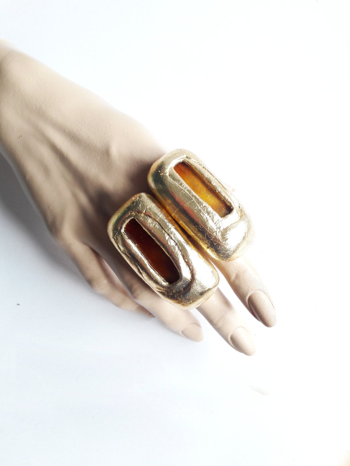 Brown Ring, Long Gold Ring, Big Modernist, Rough Contemporary, Artisan ...
