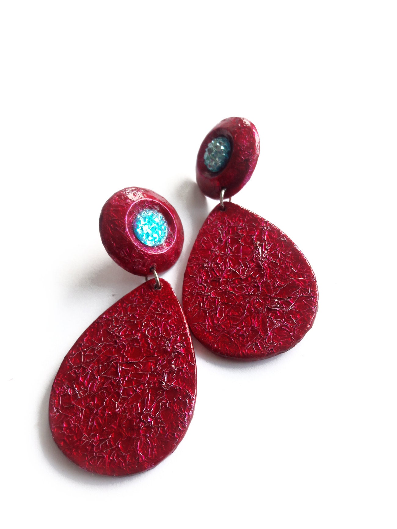 Big Red Earrings Red Blue Earrings Chic Earrings Teardrop - Etsy