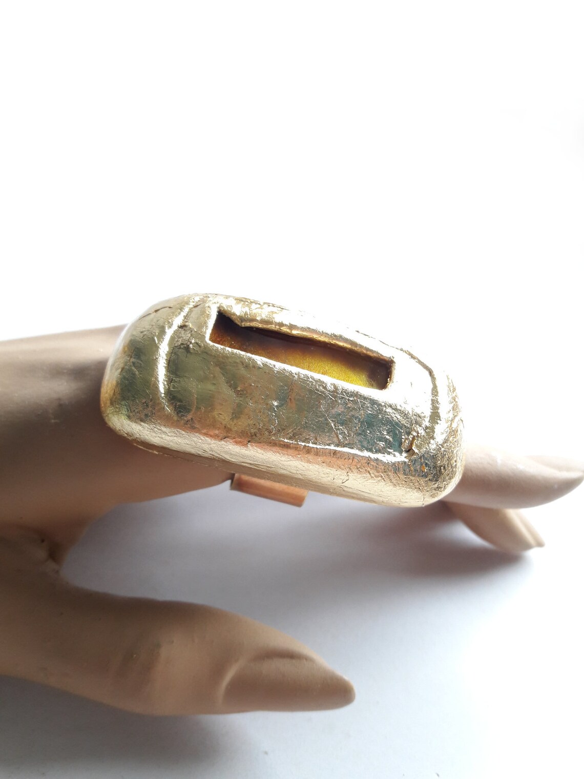 Brown Ring, Long Gold Ring, Big Modernist, Rough Contemporary, Artisan ...