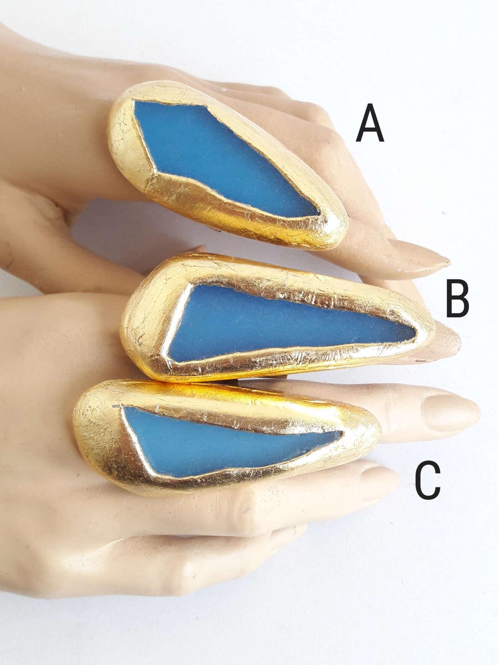 Big Blue Ring, Blue Gold Ring, Oversize Ring, Beach Glass Ring, Blue ...