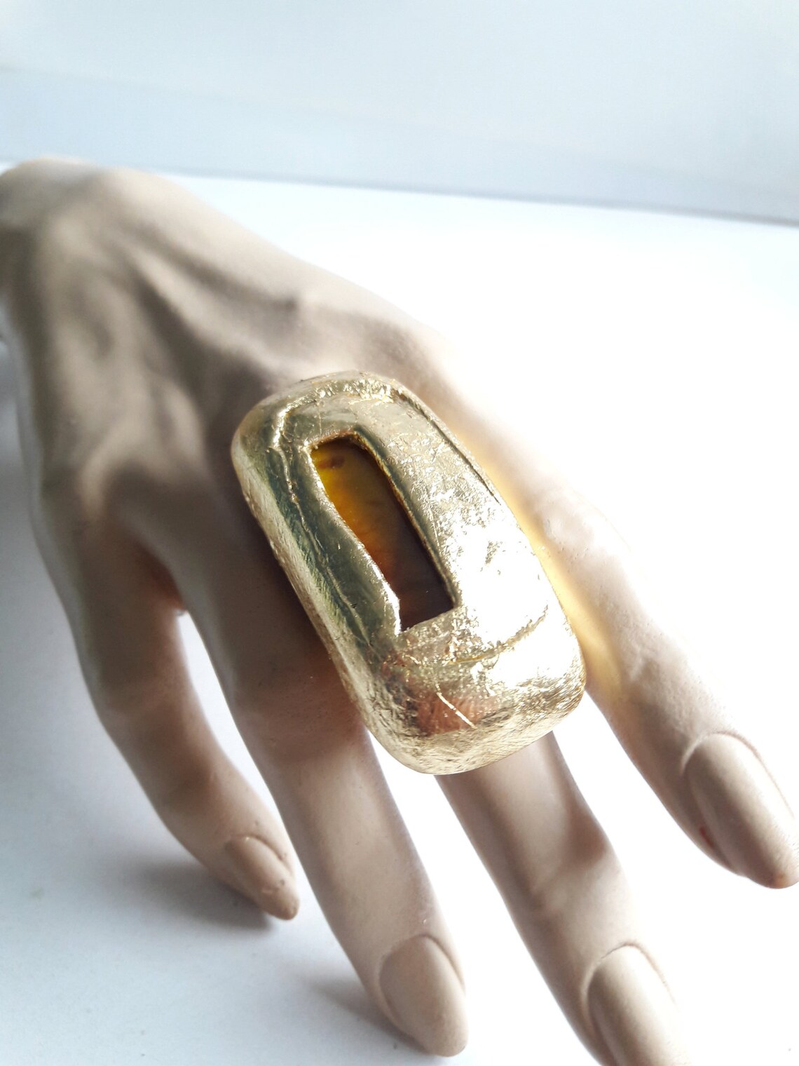 Brown Ring, Long Gold Ring, Big Modernist, Rough Contemporary, Artisan ...