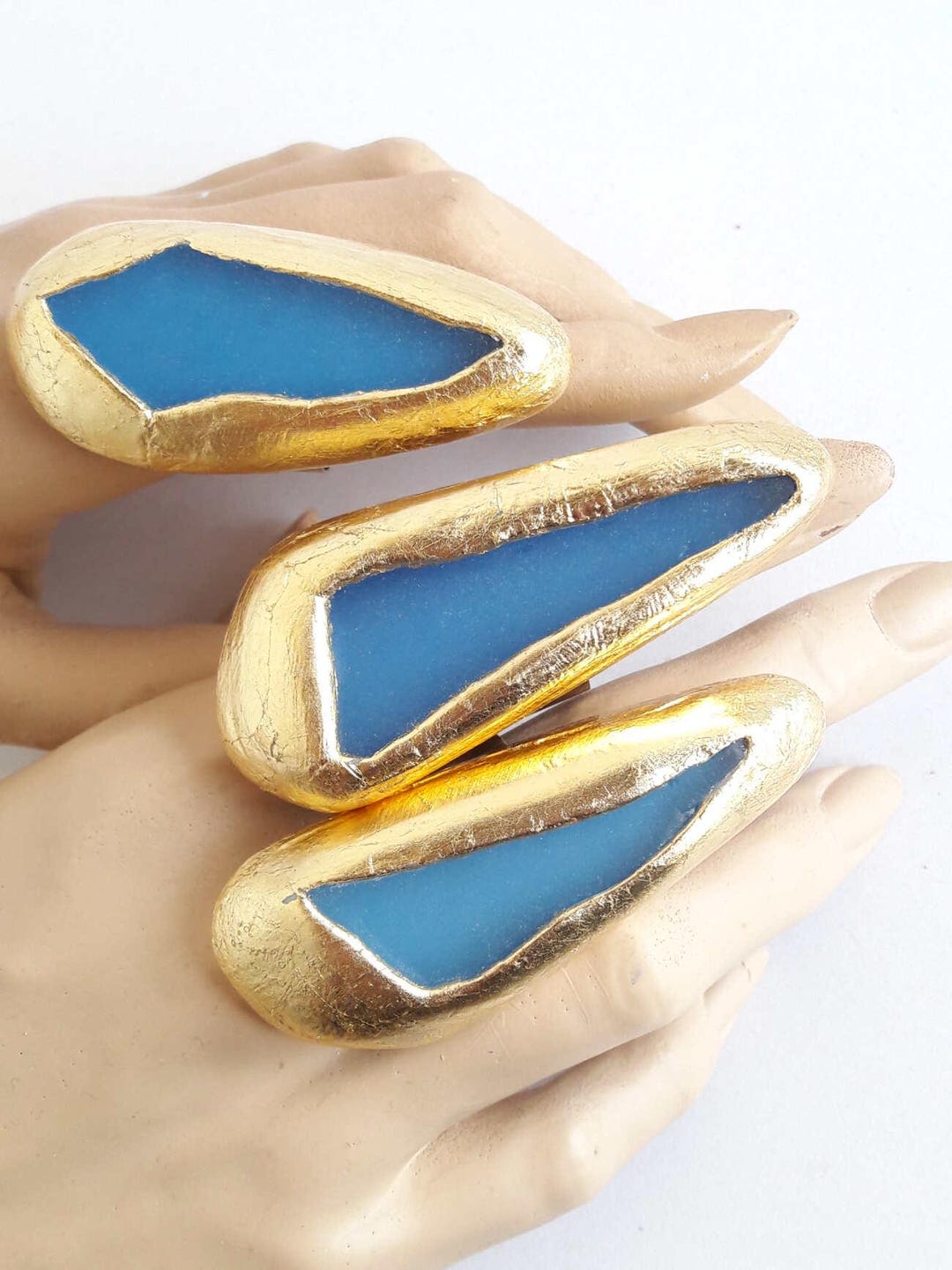 Big Blue Ring, Blue Gold Ring, Oversize Ring, Beach Glass Ring, Blue ...