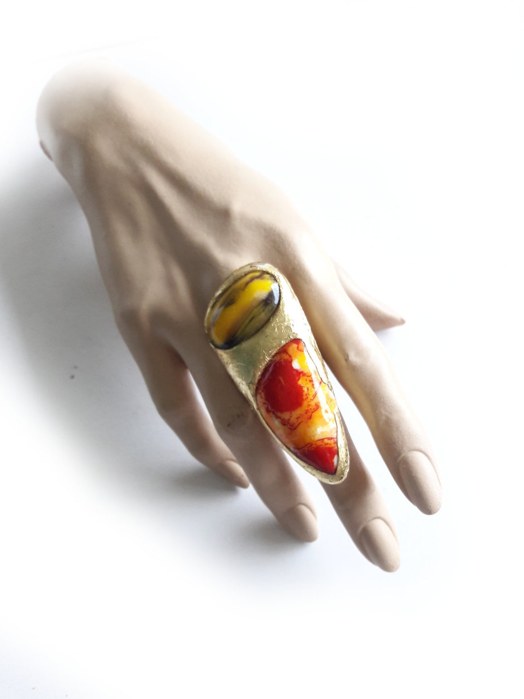 Large Cocktail Rings, Double Stone Ring, Long Huge Ring, Red Yellow ...