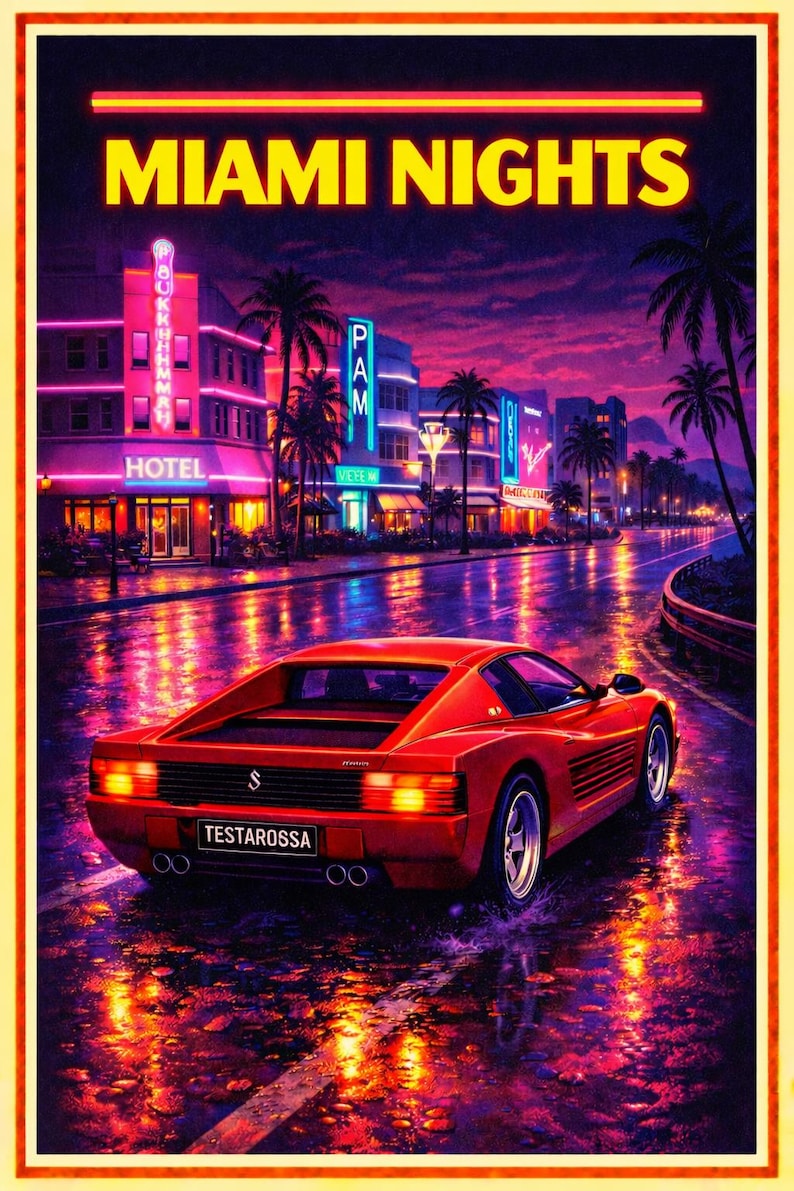 80s Neon Lamborghini Countach Poster – Retro Synthwave Supercar Wall ...