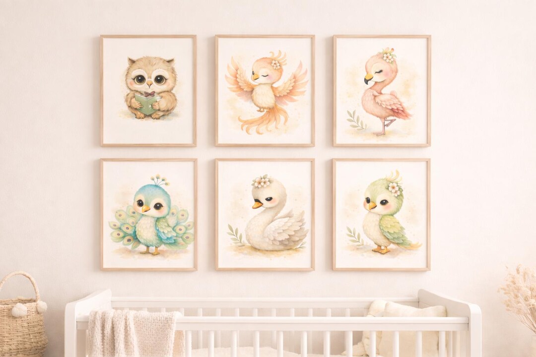 Set Of 6 Baby Bird Nursery Wall Art Prints Owl Flamingo Swan Peacock set-of-6-baby-bird-nursery-wall-art-prints-owl-flamingo-swan-peacock