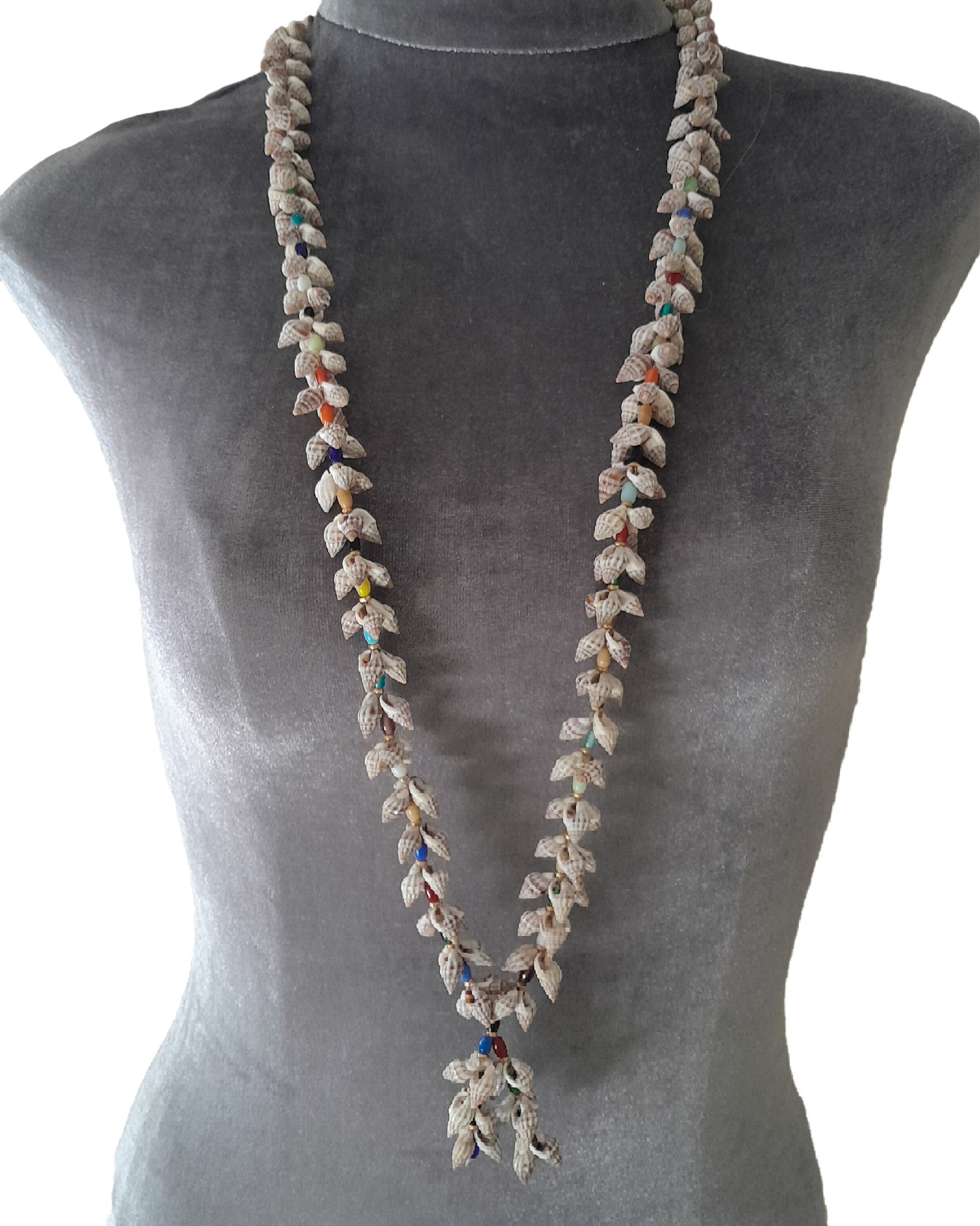 Vintage Seashell Bead Necklace Tassel Tropical Beachy Small Periwinkle ...