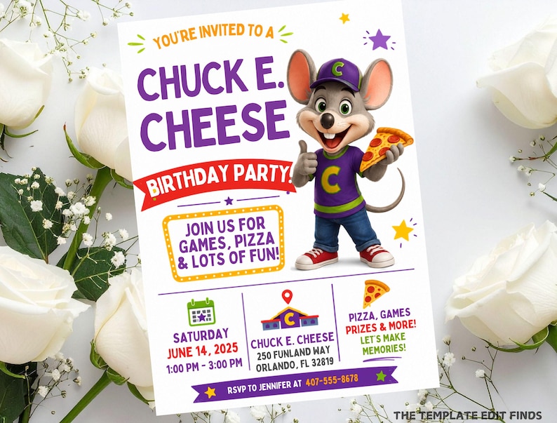 Chuck E. Cheese Birthday Invitation | Pizza Arcade Theme (editable ...
