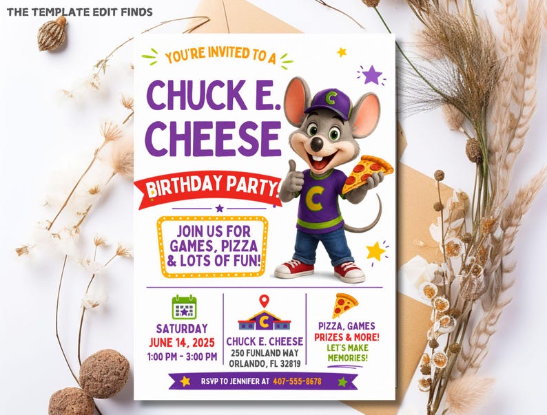 Chuck E. Cheese Birthday Invitation | Pizza Arcade Theme (editable ...