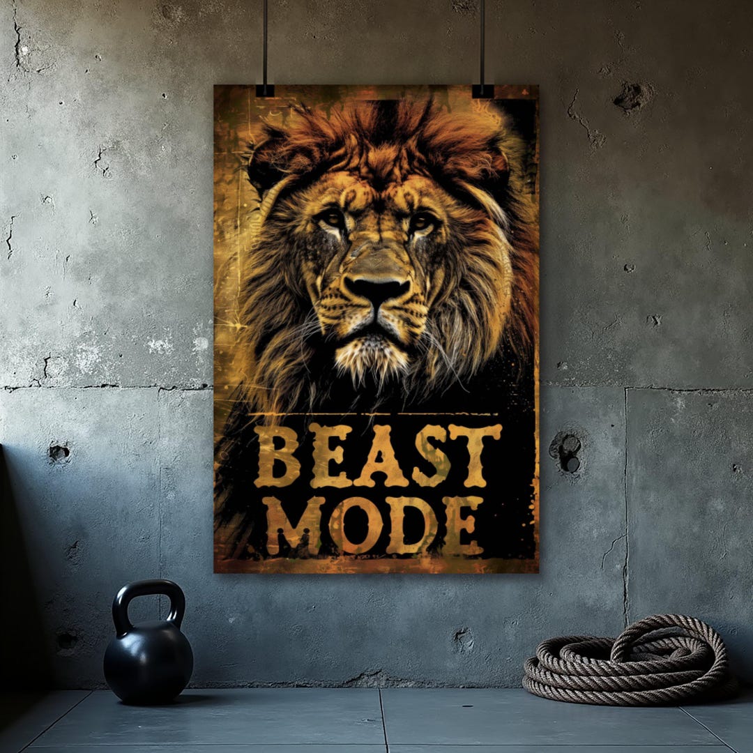 Beast Mode Lion Poster, Home Gym Wall Art, Fitness Print, Motivation ...