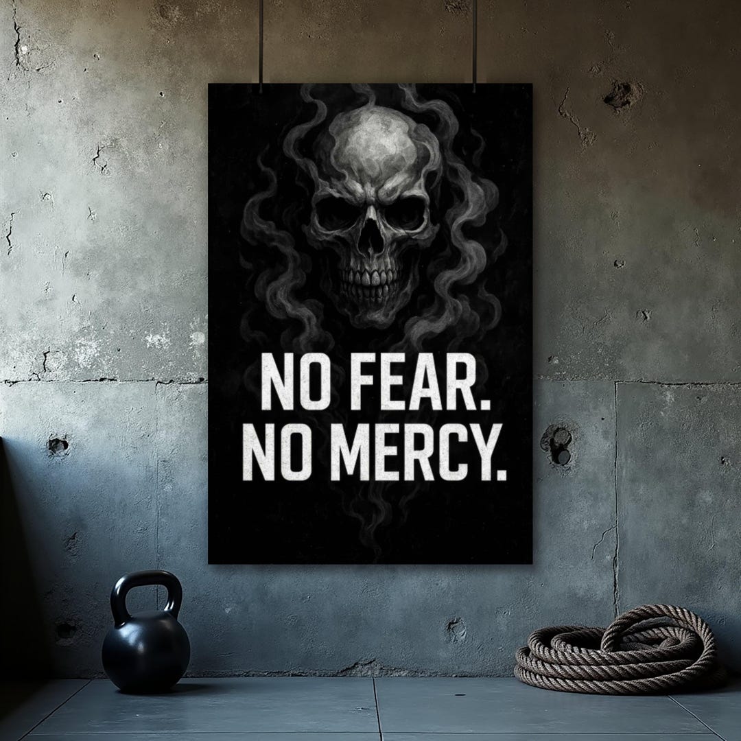 No Fear No Mercy Poster, Gym Motivation, Skull Art Print, Home Gym Wall ...