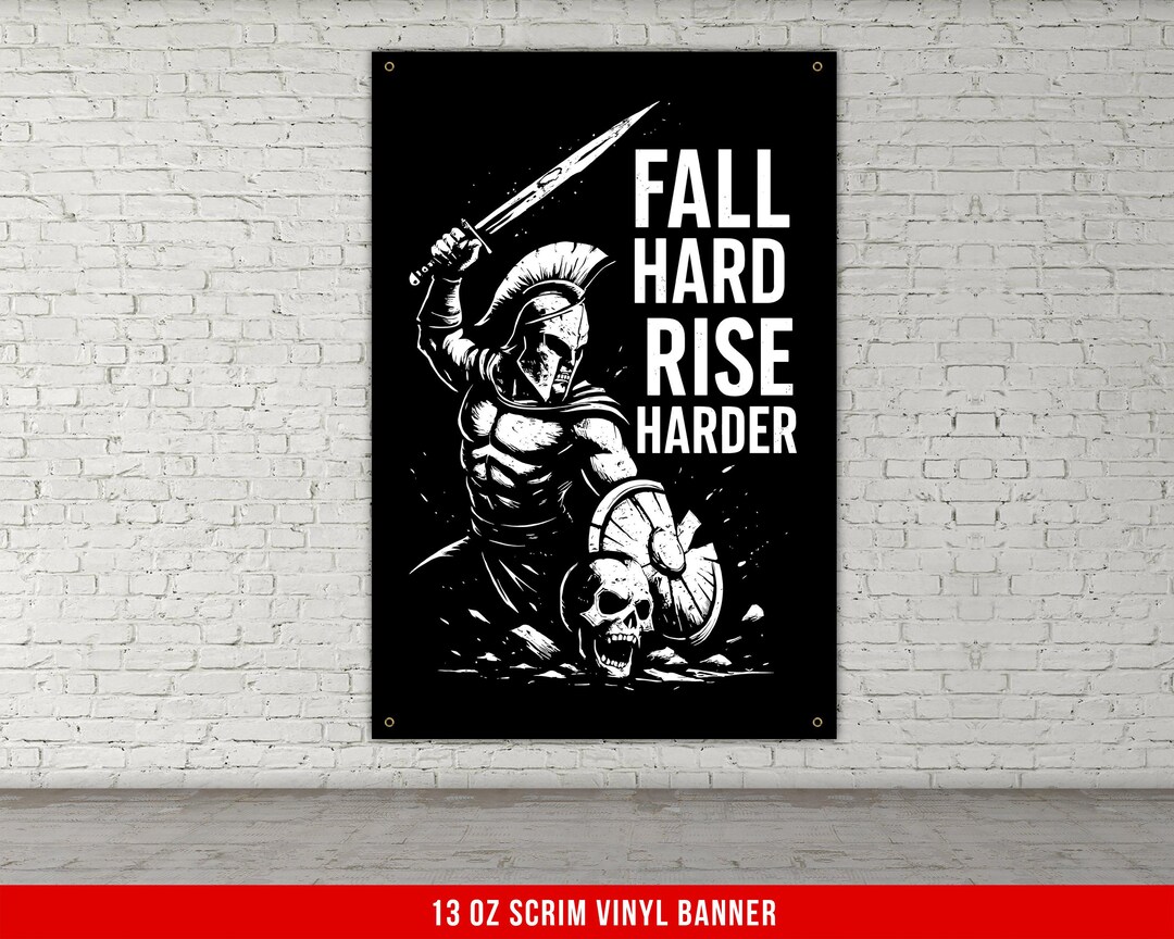 Fall Hard Rise Harder Banner, Home Gym Decor, Motivational Quote, Gym ...