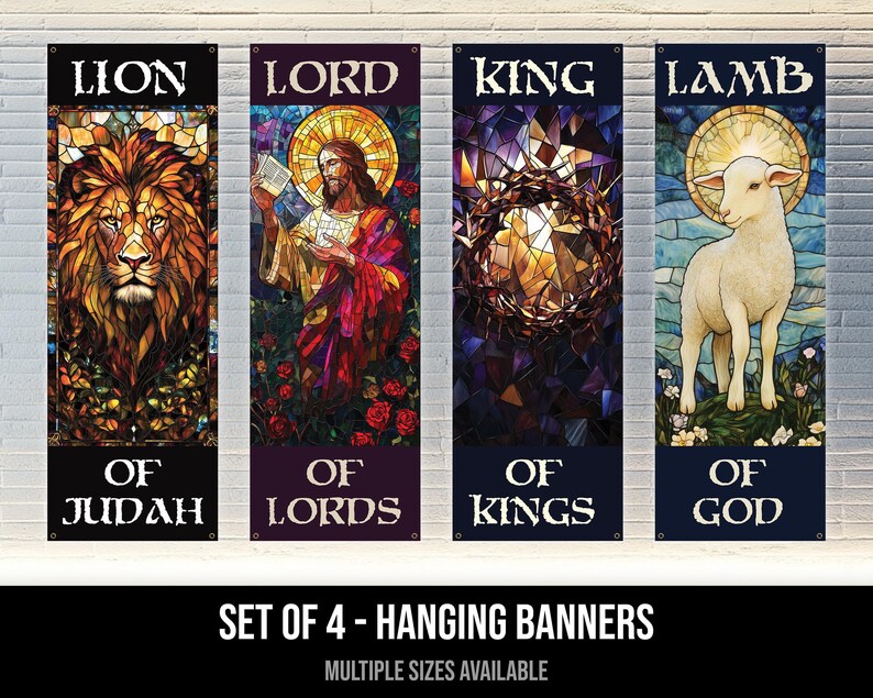 Christian Wall Art - Set of 4 Banners - Lamb, Jesus, Cross, Crown ...