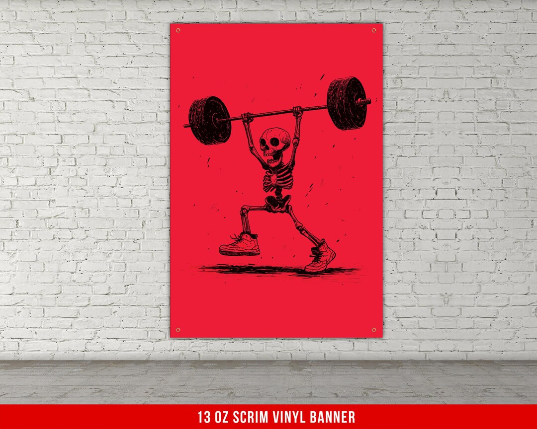 Home Gym Banner, Skeleton Weightlifting Flag, Garage Gym Art ...