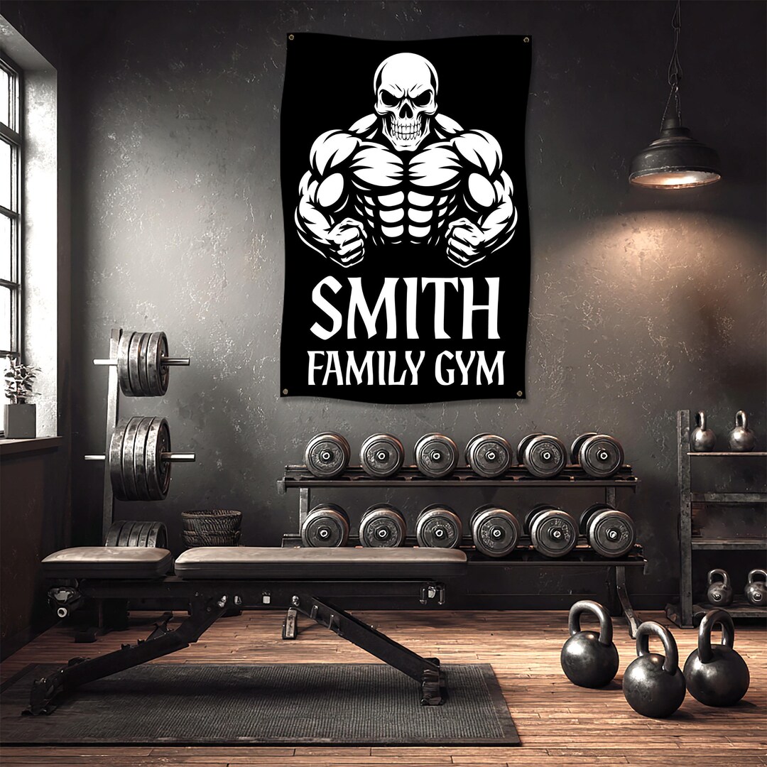Skull Bodybuilder Flag, Custom Gym Decor, Home Gym Sign, Weightlifting ...