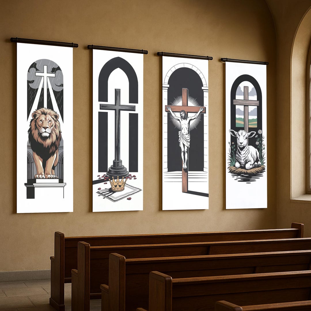 Set of 4 Christian Catholic Banners - Jesus, Cross, Lamb, Crown ...